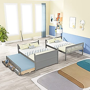 OUYESSIR Full Over Full Bunk Bed with Trundle and 3 Drawers, Full Size Bunk Beds Convertible to 2 Platform Beds, Solid Wood Bunk Bed with Twin Size Trundle and 3 Storage Drawers (Grey, Ladder)