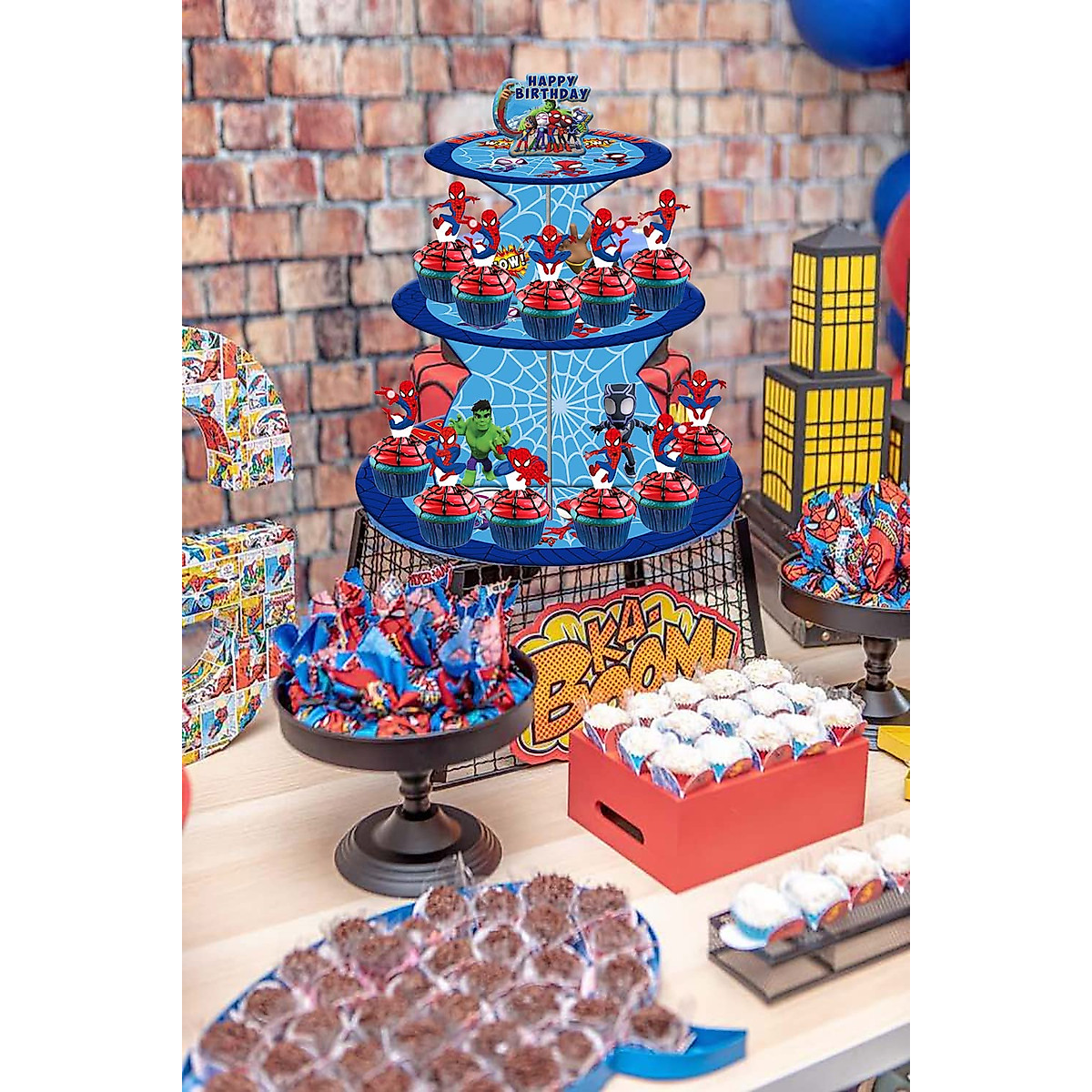 Spidey Party Supplies-Spidey Heroes 3 Tier Cupcake Stand Birthday Dessert Display Stand for Kid's Birthday Party Decoration