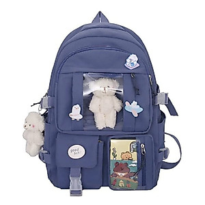 CHERSE School Backpack for Teen Girls Back to School Aesthetic Cute Adorable Lovely with Pin and Cute Accessory (Blue)