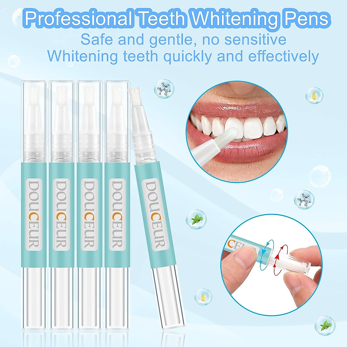 Teeth Whitening Kit Tooth Whitener - DOUCEUR Dental Bleaching System Professional with 16X LED Mouth Tray Light 5Pcs Whiting Gel Pen for Purely Whitening of Sensitive Teeth