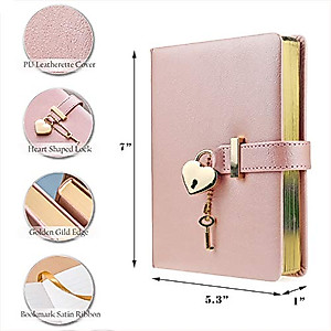Mazeran Heart Shaped Lock Journal, PU Leather Hard Cover Gold Gild Edge Notebook Travel Diary, B6 Lined Locking with Key Personal Planner Secret Organizers Gift for Girls Women Daughter