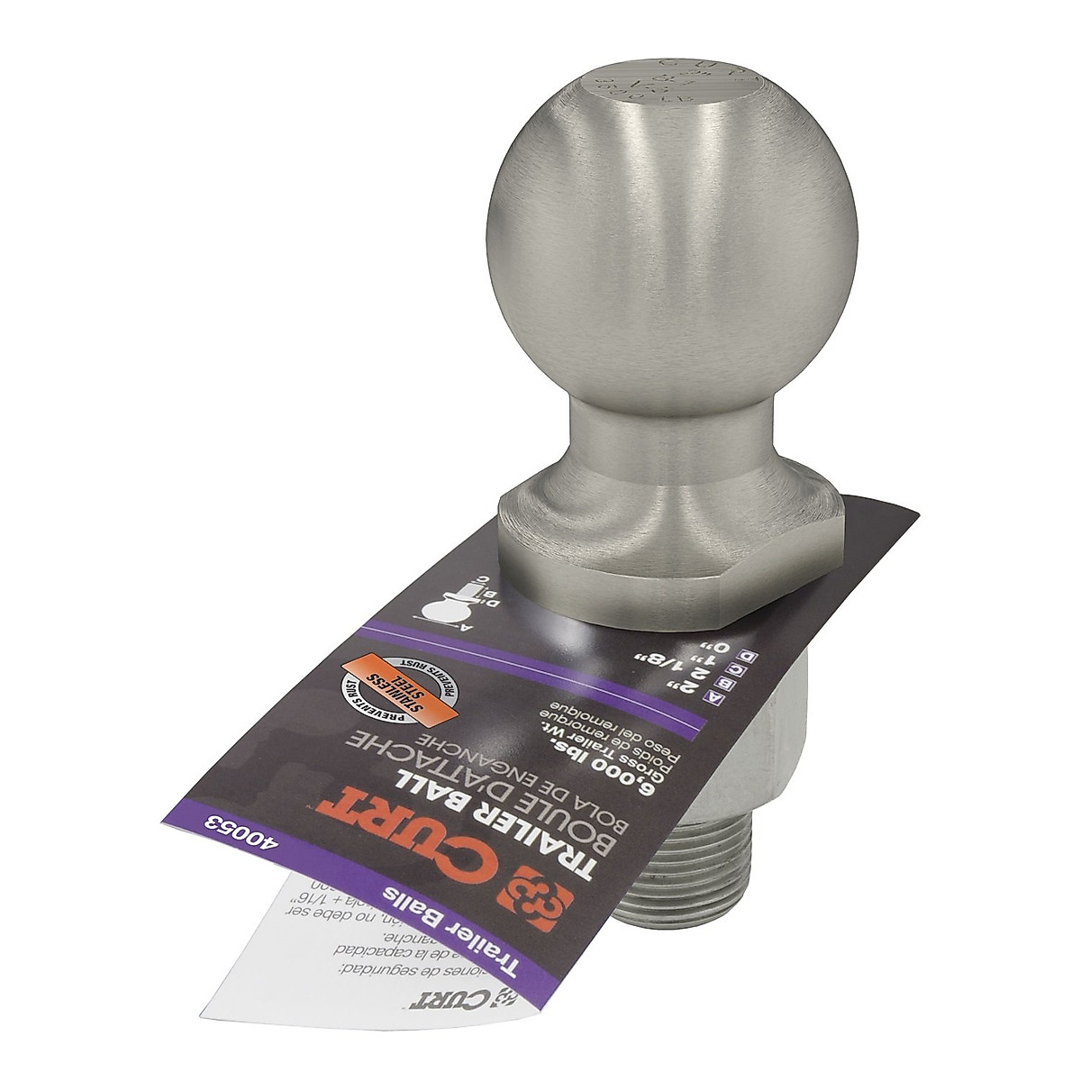 CURT 40053 Stainless Steel Trailer Hitch Ball, 6,000 lbs, 2-Inch Diameter, 1 x 2-1/8-Inch Shank