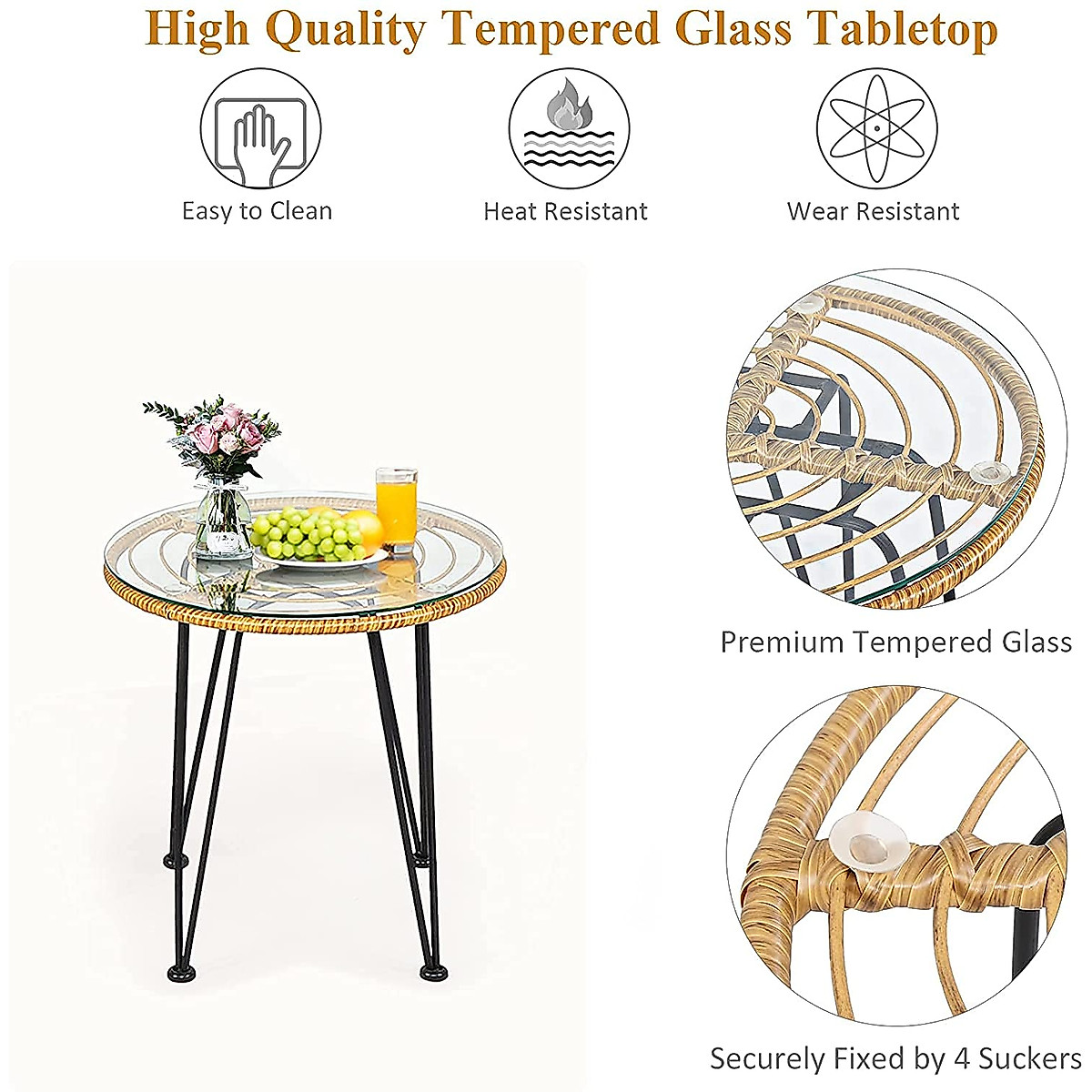 topment Bistro Table and Chairs Set of 2, Outdoor Patio Rattan Chair & Tempered Glass Coffee Table Set w/Removable Washable Beige Cushion Cafe Set for Indoor Balcony, Poolside, Garden (Pale Brown)
