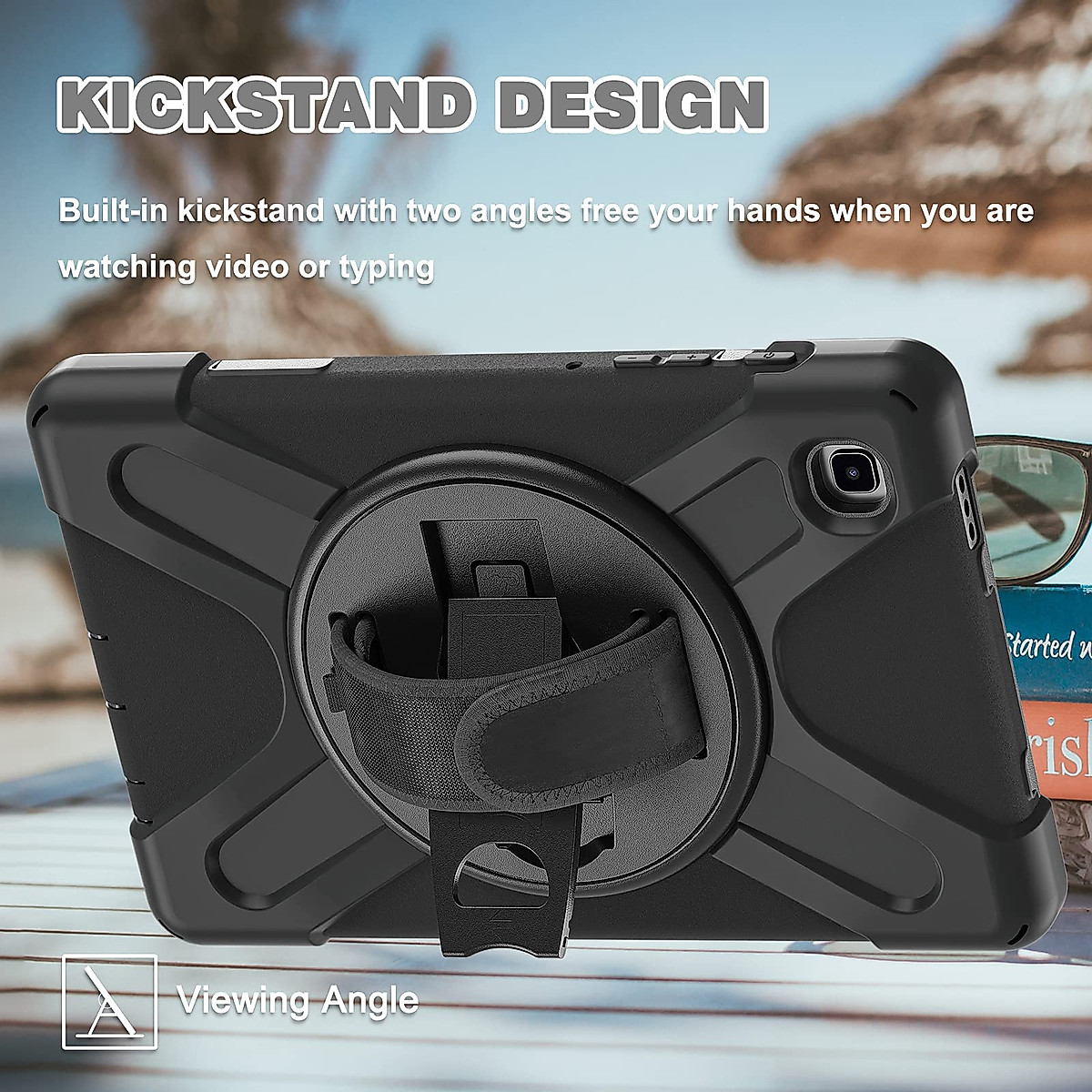 KIQ Shield for Samsung Galaxy Tab A7 Lite Case w/Screen Protector Rotating Hand Strap Kickstand Samsung Galaxy Tab A7 Lite 8.7 Case Kid Proof 2021 SM-T220 T225 T227 - Black