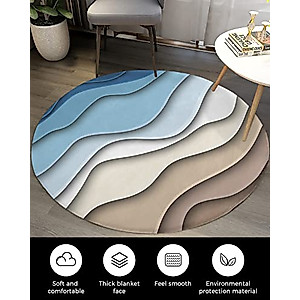 Blue White Brown Round Area Rug 3ft,Washable Outdoor Indoor Carpet Runner Rug for Bedroom,Kitchen,Bathroom,Living Room,Abstract Modern Ocean Seawaves Geometry Art Area+Rug Small Bath Door Desk Mat