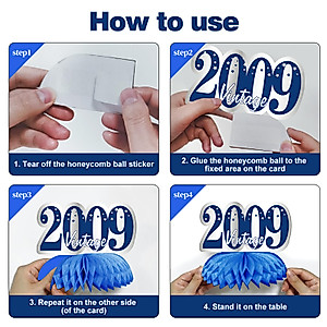 Bumqviy 9Pcs Happy 15th Birthday Honeycomb Centerpieces Decorations with String Lights for Boy, Blue Silver Made in 2009 Table Centerpieces Party Supplies, Fifteen Year Old Birthday Table Toppers Sign