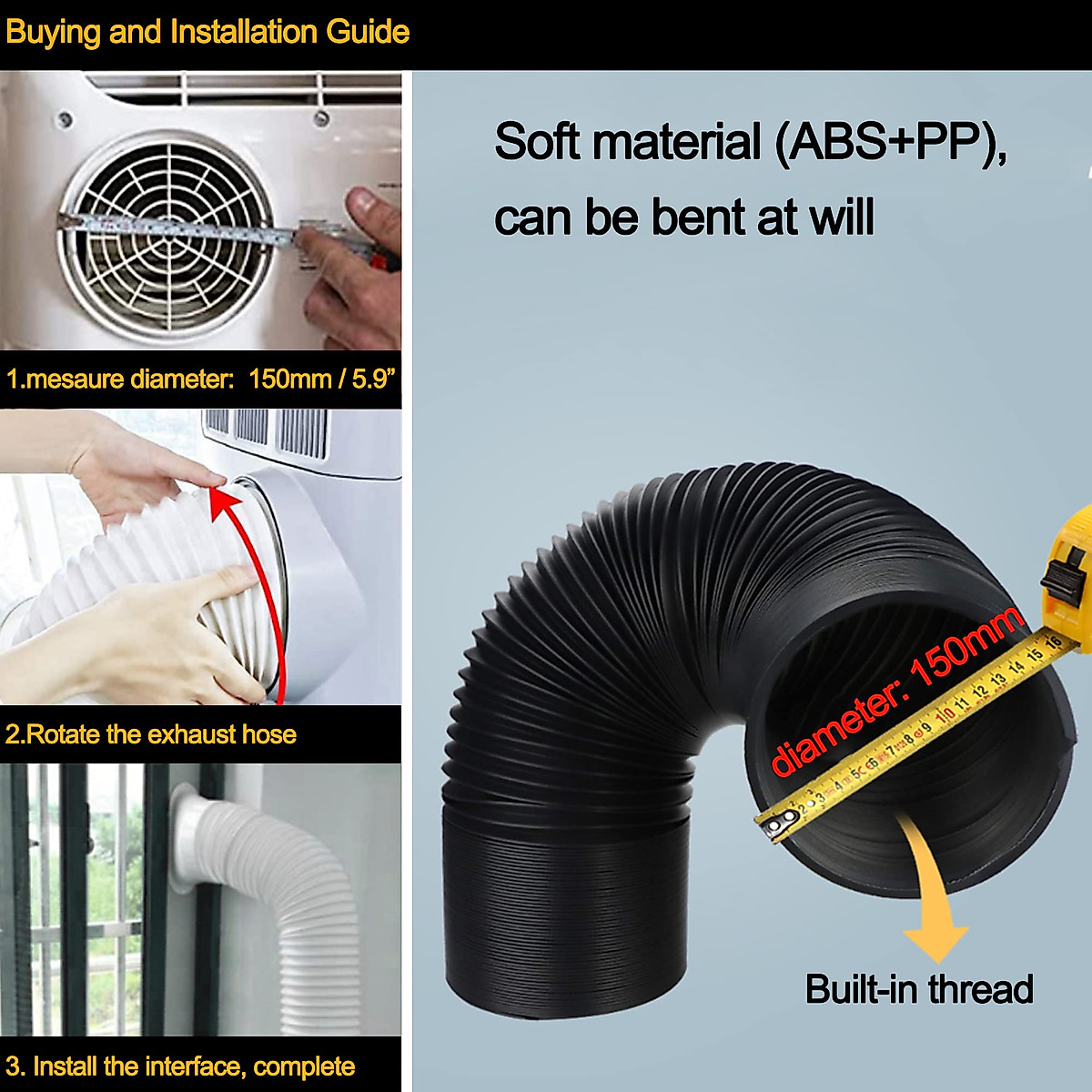 TX.SY Exhaust Hose for Portable Air Conditioner 5.9 Inches, Diameter 5.9 inches in Length, Soft and Wire-Free (White Exhaust Hose+Interface)