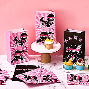 24 Pcs Ninja Party Favor Bags Birthday Ninja Goodie Bags Ninja Birthday Party Supplies Candy Bags Ninja Themed Birthday Treat Bags Goody Bags for Kids Boy Girl Ninja Party Decorations(Pink, Black)