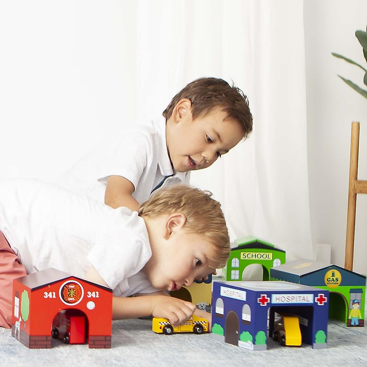 Excellerations 5.5 inches H, Wooden Town Block Play Structures, Houses, Set of 7, Preschool Educational Toy, Ages 3 Years and Up