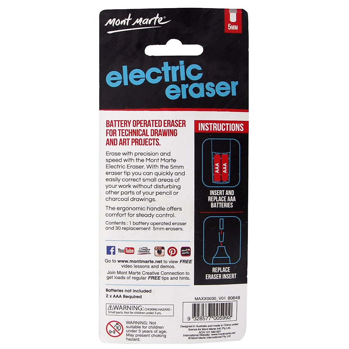 Mont Marte Electric Eraser, includes 30 Eraser Refills. Suitable for use with Graphite Pencils and Color Pencils.