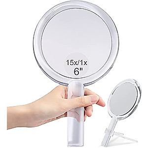 B Beauty Planet Handheld Mirror with Handle Double Sided, 1x/15x Magnifying Hand Mirror for Women, Hand Held Mirror with Adjustable Stand, 6"