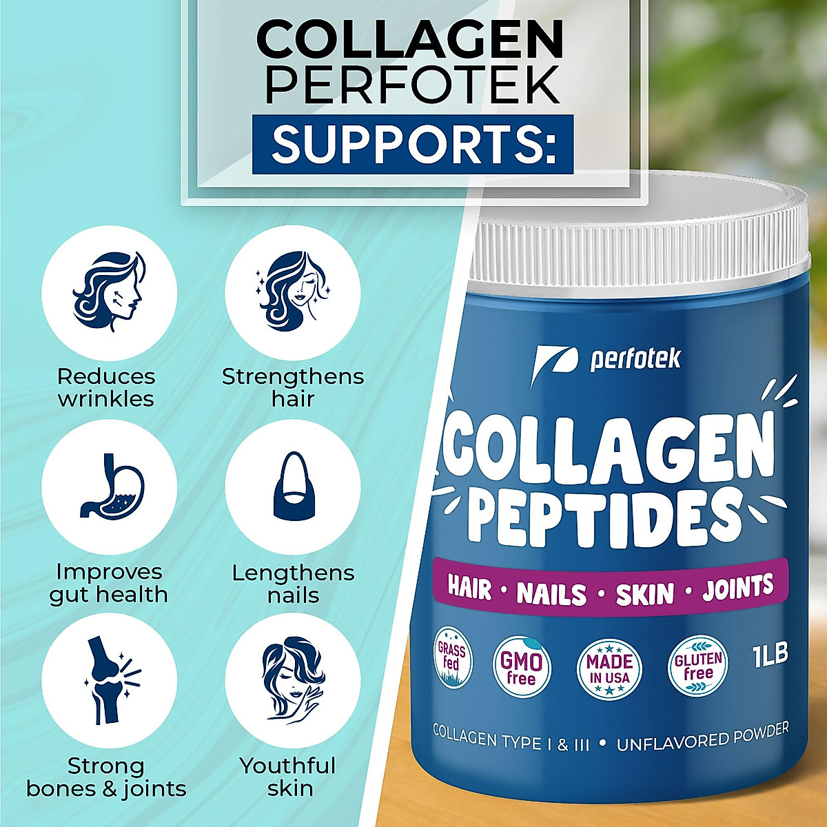 Collagen Powder for Women Men Types I & III Unflavored Easy to Mix Hydrolyzed Protein Peptides (1Lb) Non-GMO Grass-Fed Gluten-Free Kosher Pareve Healthy Hair Skin Joints and Nails