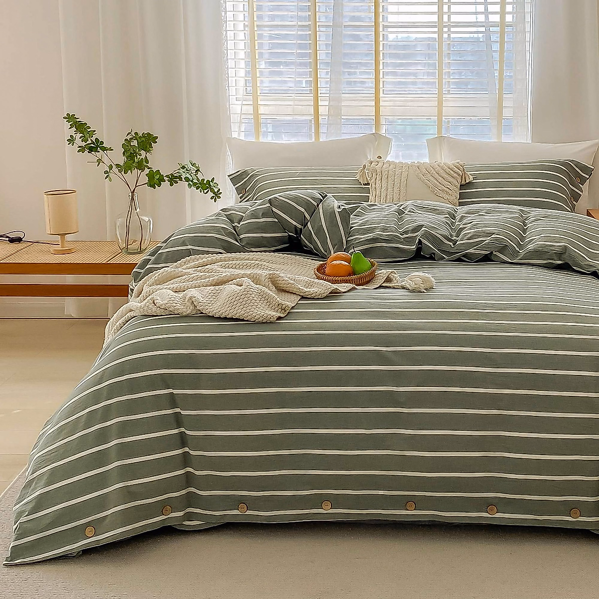 JELLYMONI Bedding Duvet Cover Twin Size - 100% Washed Cotton Linen Like Textured Striped Comforter Cover, 3 Pieces Breathable Soft Bedding Set with Button Closure (Green&White Stripe, Twin 68"x90")