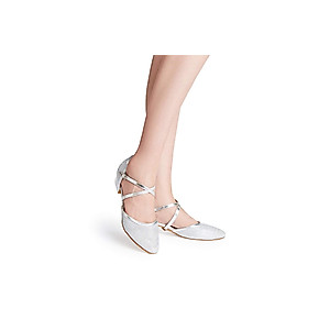 HXYOO Closed Toe Low Heel Glitter Ballroom Dance Shoes for Women Salsa Latin Wedding Party 1 1/2“ Heel S11-1(Silver-1 1/2",9.5)