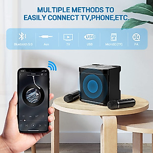 Wireless Karaoke Machine with 2 Microphones - Multifunctional Portable Mini Karaoke Machine, Karaoke Speaker Supports Bluetooth/USB/Aux/TF for Kids, Adults, Family, Party, Gift (Black)