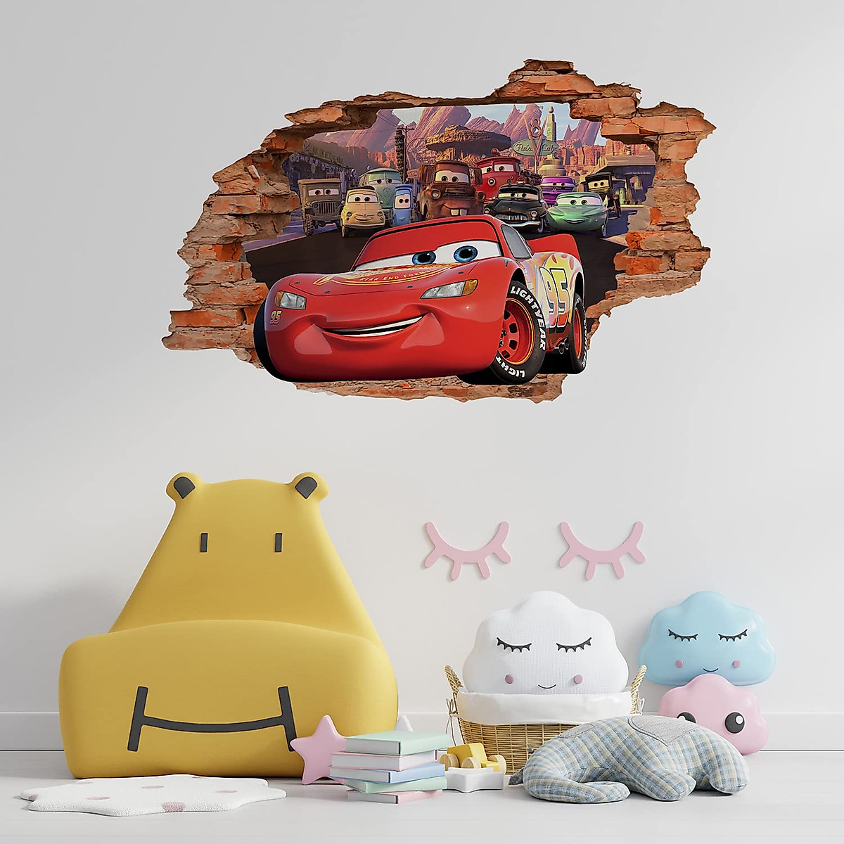 3D Cartoon Cars Movie Decal Wall Stickers,Car Removalble Break Through The Wall Decal,Vinyl Murals Car Poster for Children Bedroom Living Room