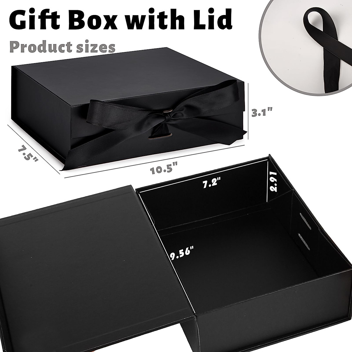 JOHOUSE Black Gift Box, 10.5" x 7.5" x 3.1" Black Luxury Gift Box Magnetic Gift Box Bridesmaid Box with Ribbon Greeting Card For Weddings, halloween, Anniversary Present