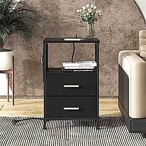Vabches End Table with Charging Station, Nightstand with USB Port, Outlet and Fabric Bag, 2 Drawers & Open Storage Shelf Side Table, Sofa Cabinet for Living Room, Bedroom, Office