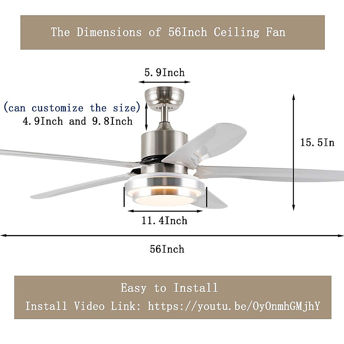 Tropwellhouse 56Inch Led Ceiling Fan with Light 3 Speed Remote Control 5 ABS Blades Modern Decoration Home/Living Room/Bedroom