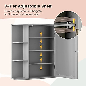 LOKO Bathroom Medicine Cabinet with Mirror, Wall Mounted Storage Cabinet with Mirrored Door, Open Shelves & Adjustable Shelves, Bathroom Wall Mirror Cabinet, 26 x 6.5 x 25 Inches (Grey)