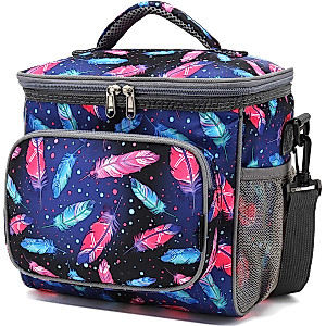 FlowFly Insulated Reusable Lunch Bag Adult Large Lunch Box for Women and Men with Adjustable Shoulder Strap,Front Zipper Pocket and Dual Large Mesh Side Pockets,Feather