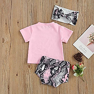 Infant Baby Girl Summer Outfits Short Sleeve Letter T-Shirt Top Bloomers with Headband 3Pcs Toddlers Clothes Set (Pink+Python, 0-6 Months)