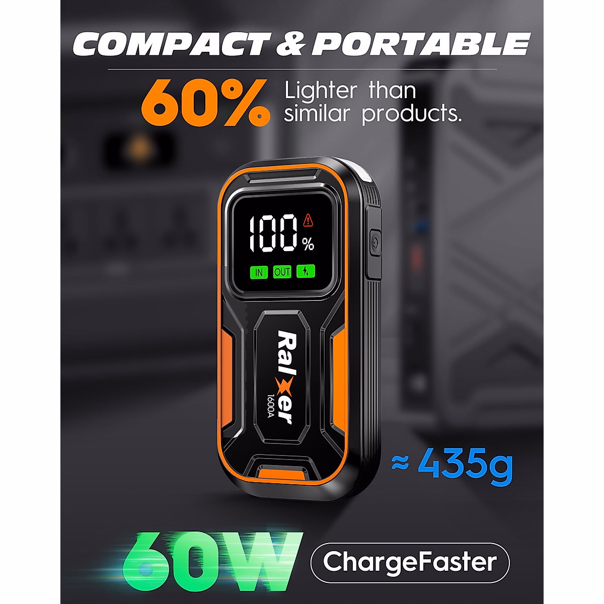 RALXER 1600A Peak 15200mAh Portable Car Jump Starter, Jump Starter Battery Pack (Up to 7.5L Gas or 6.0L Diesel Engine), 12V Battery Jump Starter with Type C-C PD60W (Input/Output) and LED Display