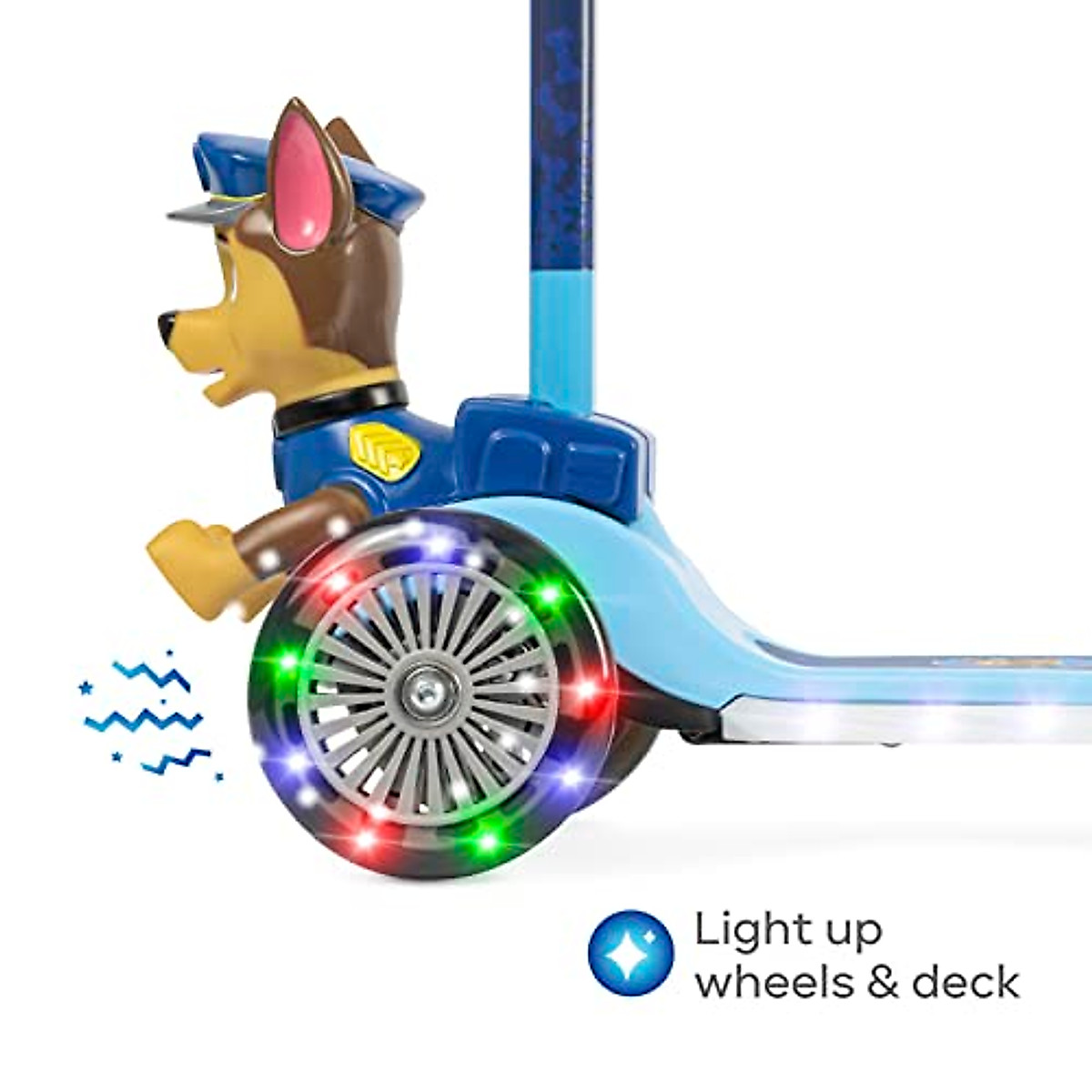 Paw Patrol Chase Kick Scooter for Kids, Self-Balancing 3 Wheeled Light Up Scooter with Extra Wide Anti-Slip Deck, Rear Brake, Lean to Steer, Lightweight Design, for Kids 3 and up, 75 LB Limit