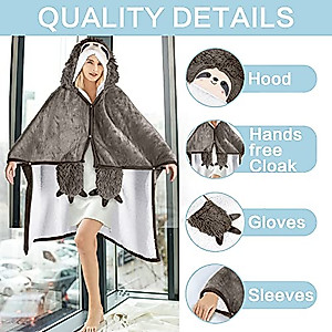 Sloth Wearable Hooded Blanket for Adults - Super Soft Warm Cozy Plush Flannel Fleece & Sherpa Hoodie Throw Cloak Wrap - Sloth Gifts for Women Adults and Kids