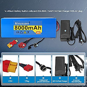 Airuxuan 36V 36V Battery 36V Ebike Battery 8Ah Electric Bike Battery 36V Lithium Battery with 2A Charger, T-Plug, XT60 Connector and BMS for 250-750W Electric Bicycles Motor