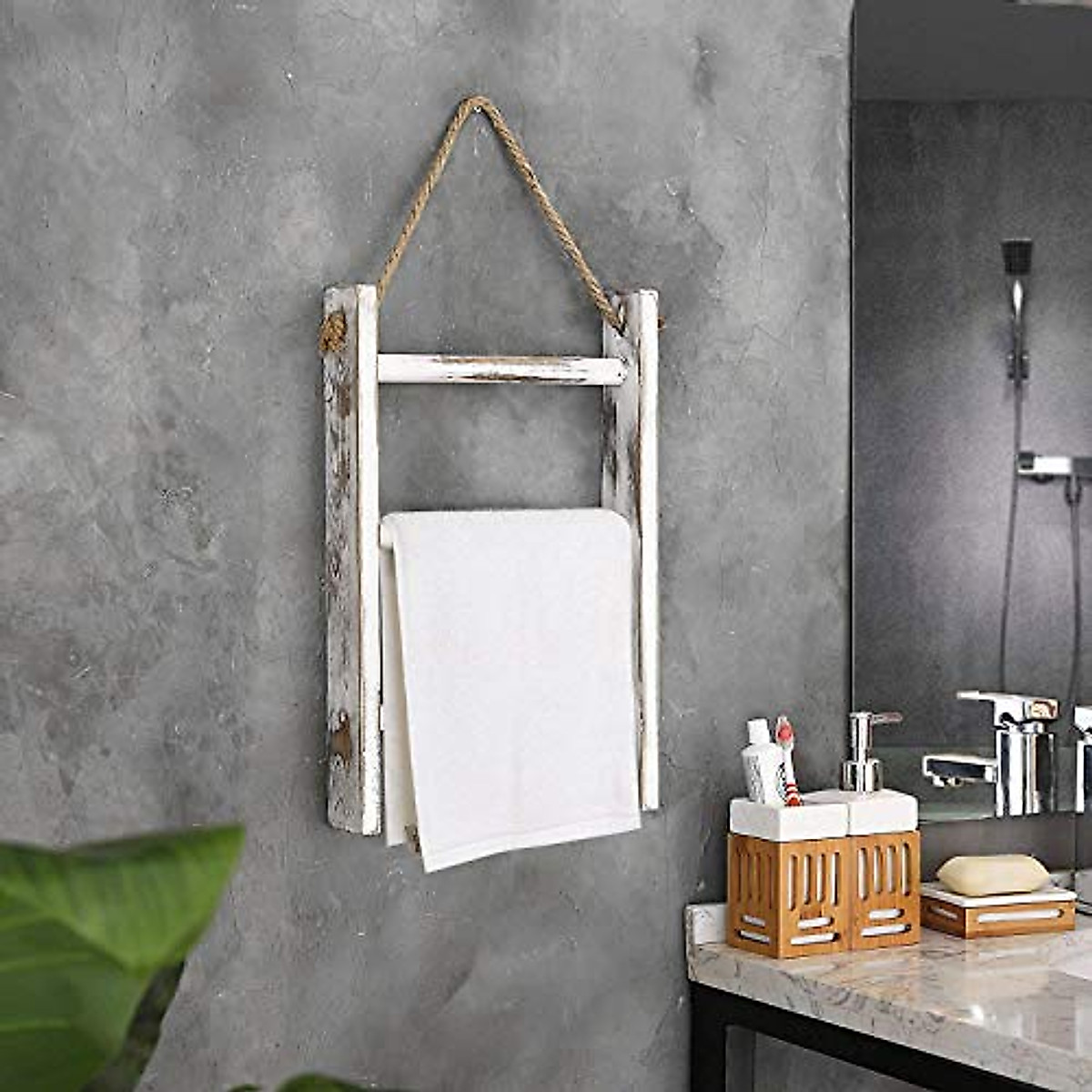 MyGift 3-Tier Wall Hanging Towel Ladder - Farmhouse Whitewashed Wood Mini Hand Towel Rack with Top Rope, Set of 2