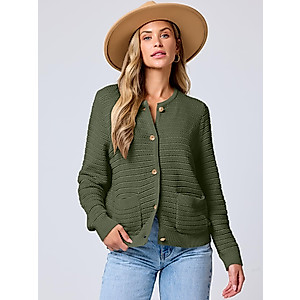 ANRABESS Women's Tweed Knit Cardigan Sweater Casual Long Sleeve Cropped Button Down Lady Jackets 2025 Spring Fashion Outwear Army Green Medium