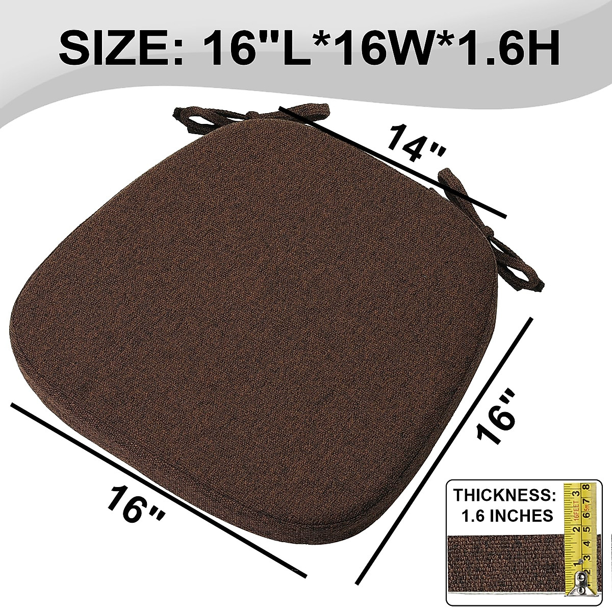 SINOSSO 4 Pack Pure Memory Foam Chair Cushions for Dining Chairs, Original Linen 16" U-Shape Comfortable Kitchen Chair Pads, Removable Slip Resistant Seat Cushions (Set of 4, Dark Brown)