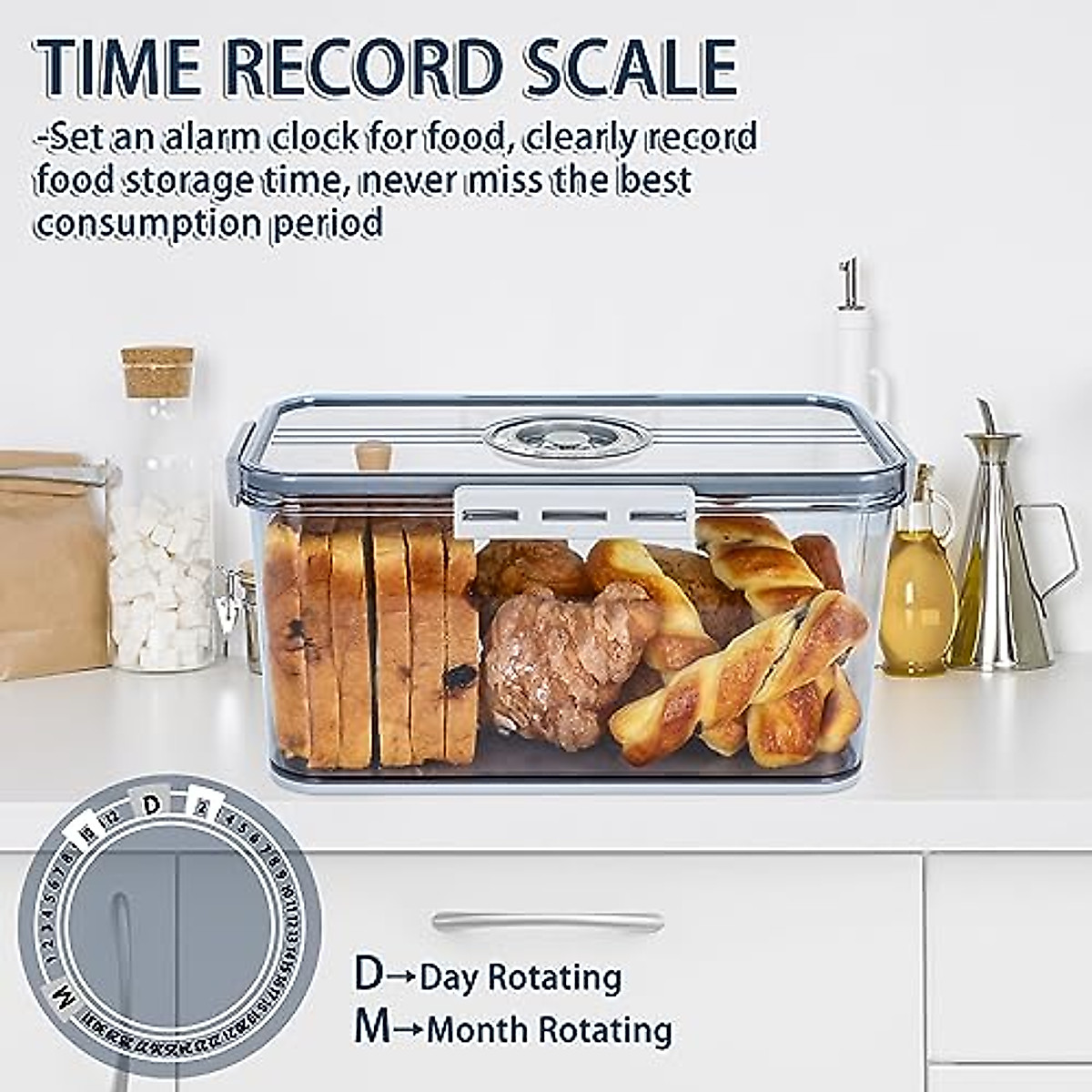 RISICULIS Bread Box for Kitchen Countertop, Airtight Loaf Bread Storage Container, Time Recording Bread Keeper with Lid, Bread Holder Bin for Homemade Bread, Bun, Bagel, Loaf