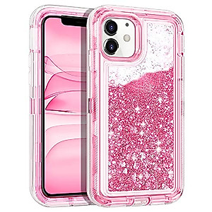 WOLLONY for iPhone 11 Case Glitter, Heavy Duty Girly Liquid Bling Quicksand 3 in 1 Hybrid Impact Resistant Shockproof Hard Bumper Soft Clear Rubber Protective Cover for iPhone 11 6.1inch Pink
