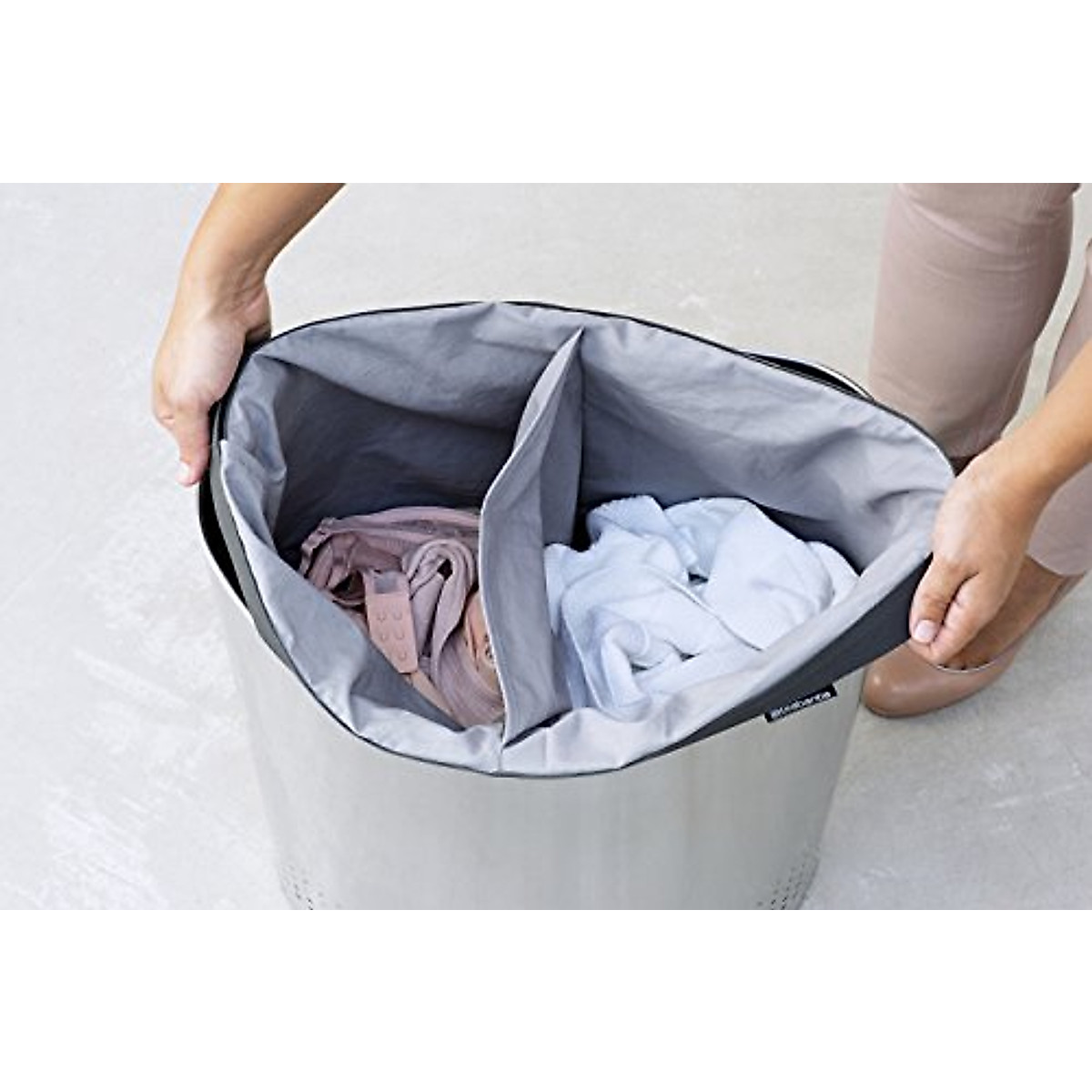 Brabantia Large Laundry Hamper (Matt Steel) Bathroom Bedroom Dirty Clothes Basket with 2 Sections, Inner Laundry Bags, Discrete Lid - 14.5 Gal