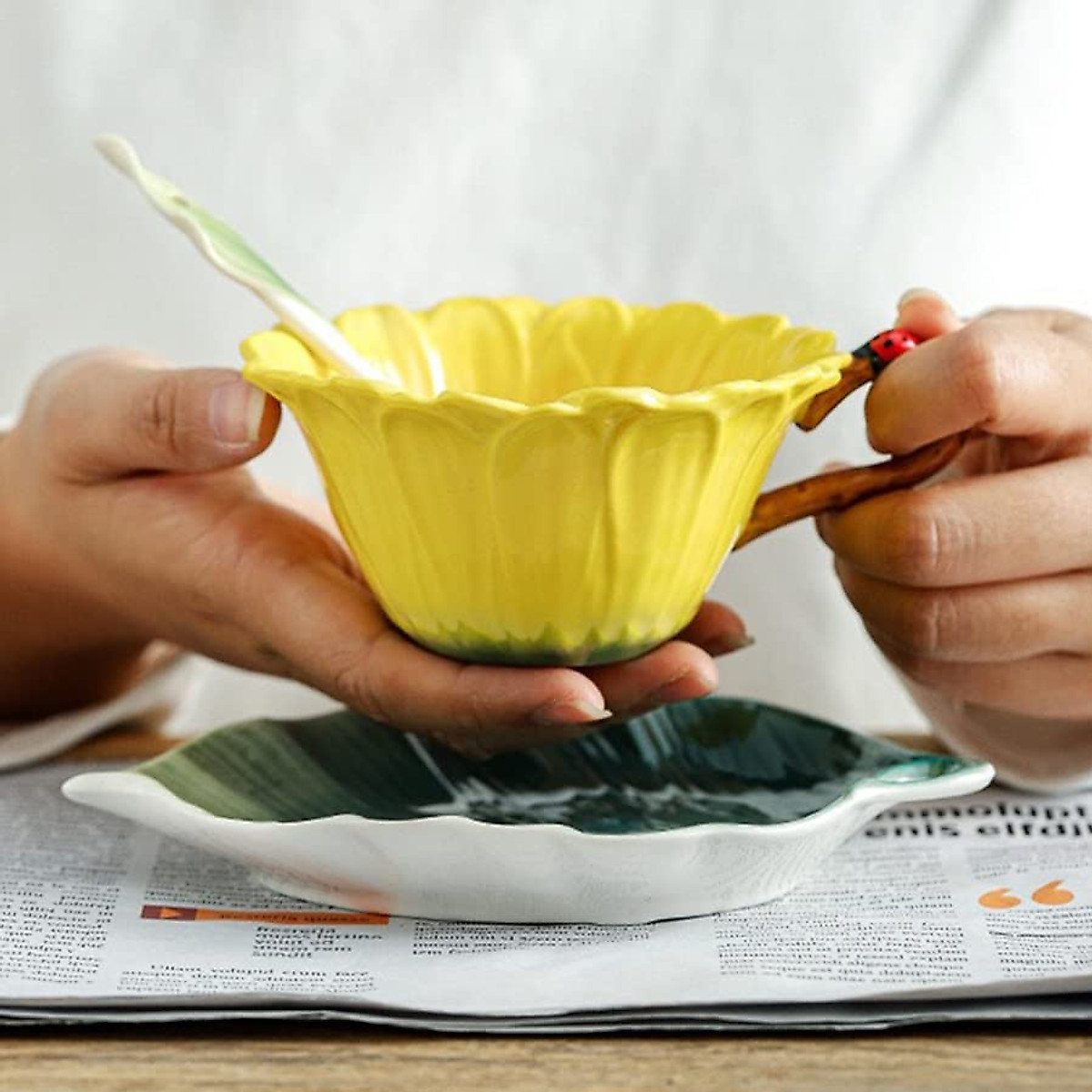 Beddinginn Colorful Tea Cups and Saucers, Sunflower Coffee Cup and Saucer Set with Spoon, China Hand Crafted Tea Set (Yellow)