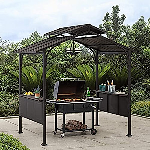 Sunjoy Grill Gazebo 5 ft. x 8 ft. Brown Steel Frame Double Tiered Hardtop Gazebo with Ceiling Hook and Shelves