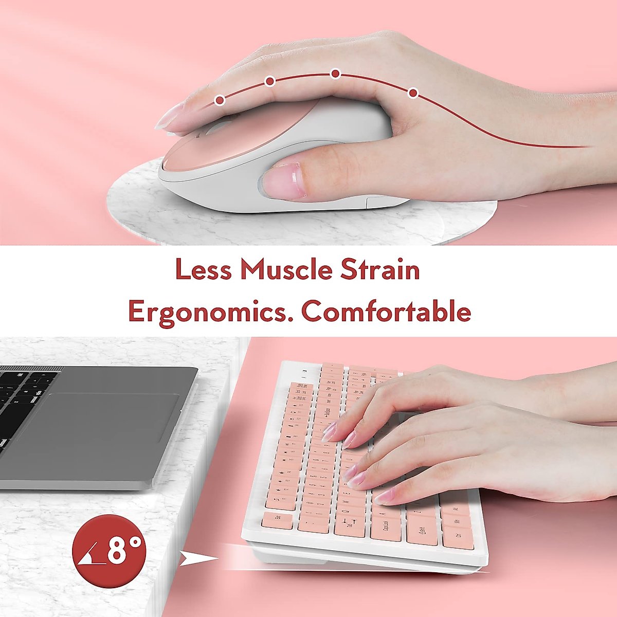 Wireless Keyboard and Mouse Combo with 7 Colored Backlits, Wrist Rest, Rechargeable Ergonomic Keyboard with Phone Holder, Silent Lighted Full Size Combo for Window, Mac, PC, Laptop-Trueque (Pink)