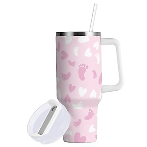 DIGTIA Stainless Steel Insulated Tumbler w/Handle & Straw, Pink Heart Double Wall Vacuum Travel Coffee Mug Cup w/Lid, Leak-Proof Sports Cute Water Bottle,40oz