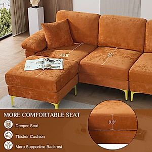 OUYESSIR L Shaped Sectional Sofa Couch, 88" Upholstered Velvet 3 Seat Sofa with Ottoman and Pillows, Comfy Couch Sleeper for Living Room, Bedroom (Orange)