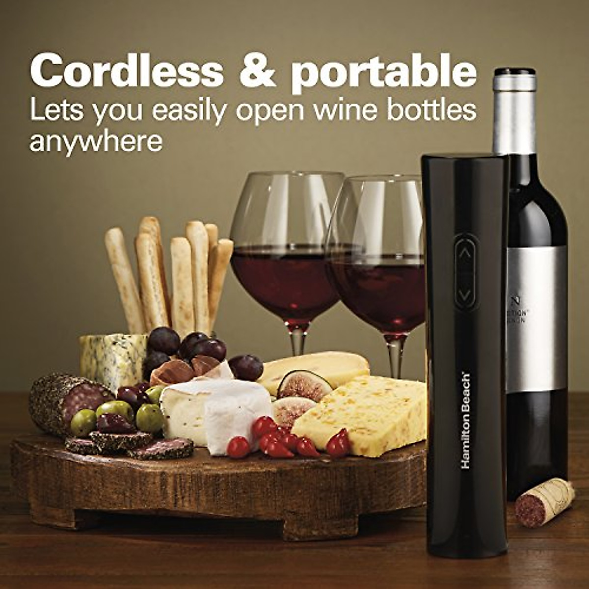 Hamilton Beach 76610 Cordless Electric Wine Bottle Opener with Battery Charger, Foil Cutter and Comfortable Grip, Portable, Black
