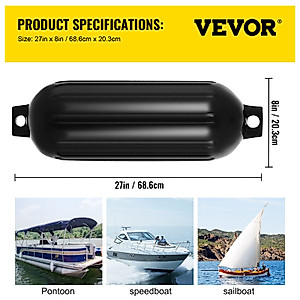 VEVOR Mophorn Ribbed Twin Eyes Boat Fender Black Boat Fender Bumper Pack of 4 and Pump to Inflate (Black, 8 x 27 inches)