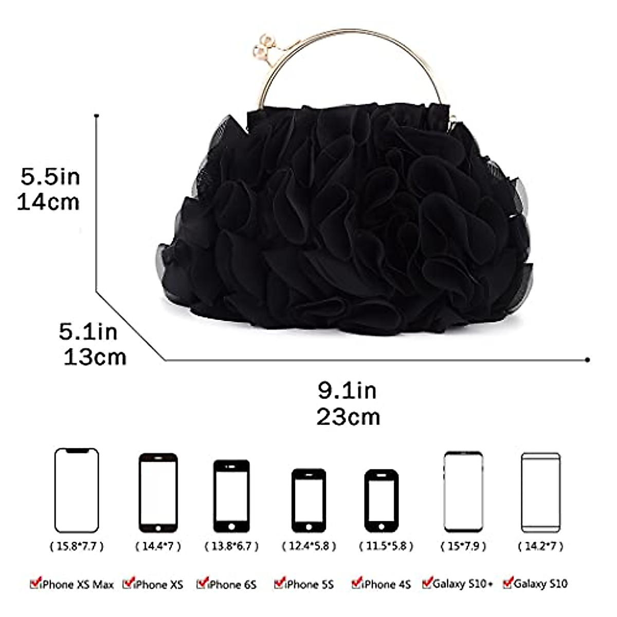 Yokawe Floral Clutch Purses for Women Satin Flower Evening Bag Party Prom Handbags (Black)