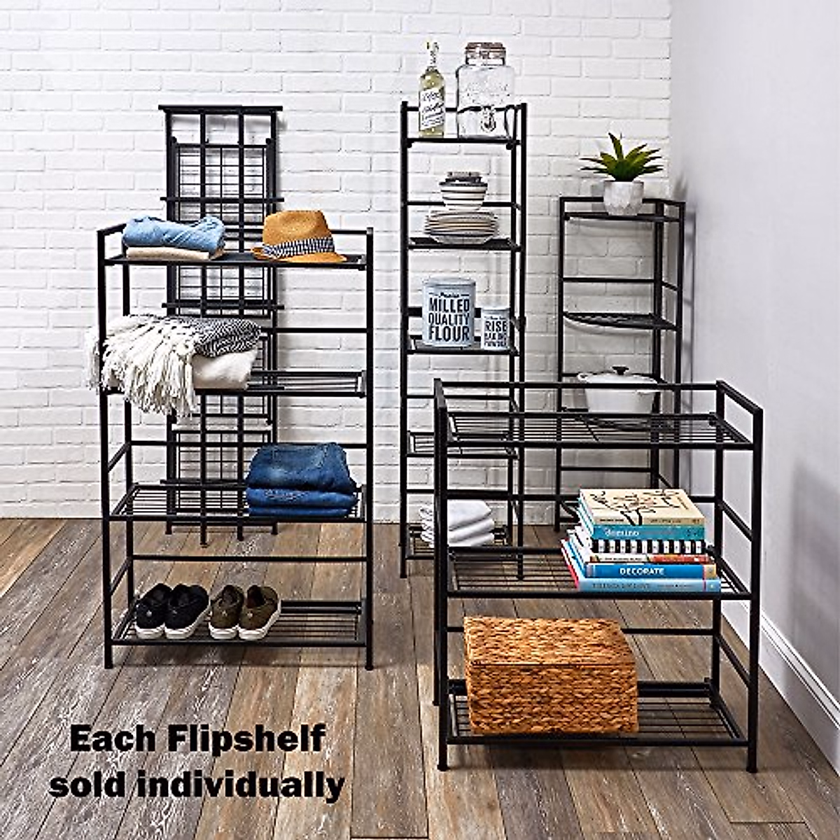 Flipshelf-Folding Metal Bookcase-Small Space Solution-No Assembly-Home, Kitchen, Bathroom And Office Shelving-Black, 3 Shelves, Narrow