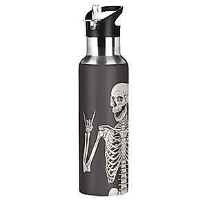 Funny Skull Water Bottle with Straw Lid, Funny Skeleton 20 Oz Stainless Steel Insulated Keeps Hot and Cold Bottle, Leakproof Sports Gym Cycling Outdoor Water Flask Thermos Bottle
