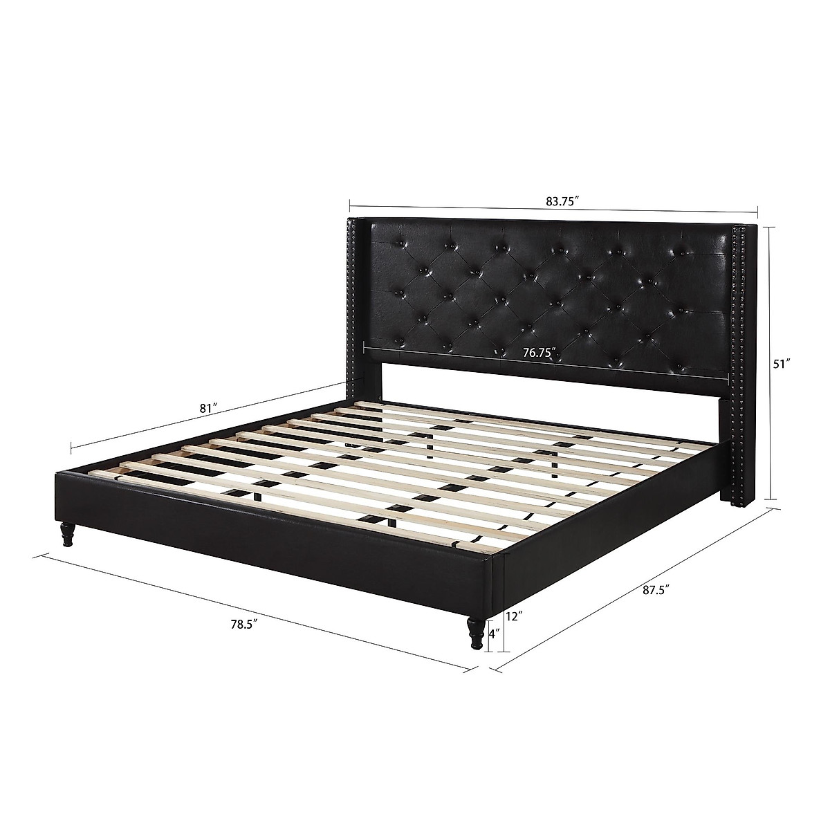 King Upholstered Platform Bed Frame with 51" Tall Headboard - Button Tufted Leather Bed - Wood Slat Support with Storage Space - No Box Spring Needed - Easy Assembly - Black - Oliver & Smith Astor