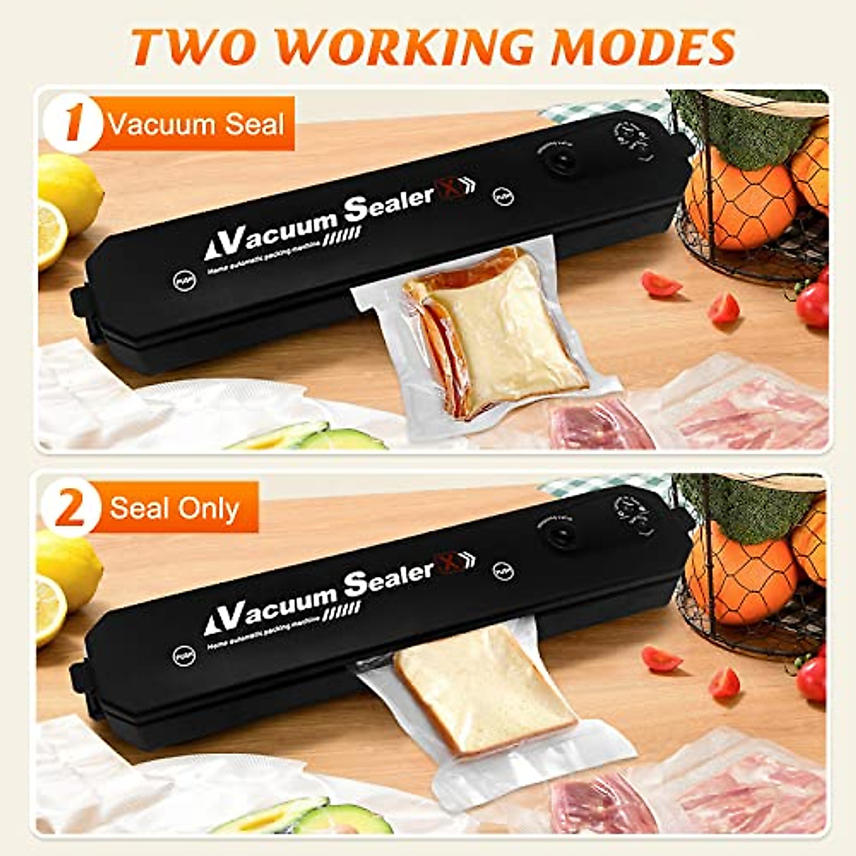 Vacuum Sealer Machine for Food Srorage, Automatic Food Sealer Dry Moist Air Sealing System, with 10 Food Vacuum Sealers Precut Bags (Black, 60kPa)