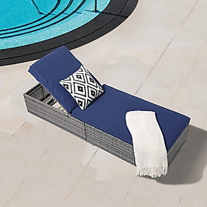 Patiorama Outdoor Patio Chaise Lounge Chair, Elegant Reclining Adjustable Pool Rattan Chaise Lounge Chair with Navy Blue Cushion, Grey PE Wicker, Steel Frame