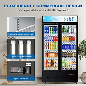 ECEVT 30 Cu.ft. Commercial Beverage Refrigerators Glass Door Refrigerator Upright Display Cooler with Soft LED Light and Adjustable Shelves for Restaurant Grocery Stores Home, Black